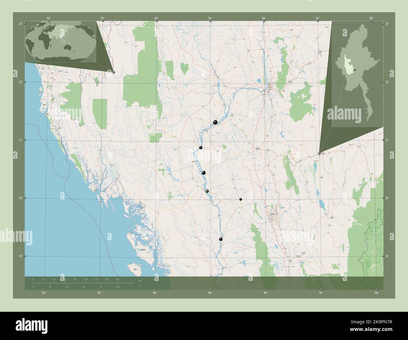 Magway, division of Myanmar. Open Street Map. Locations of major cities ...