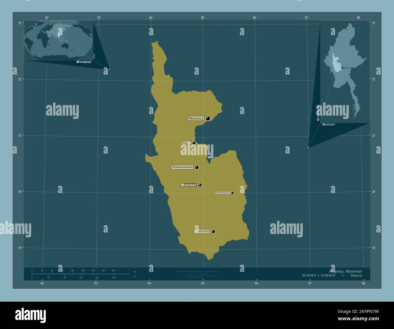 Magway, division of Myanmar. Solid color shape. Locations and names of ...