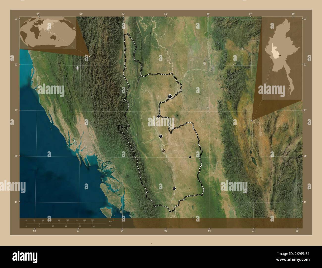 Magway, division of Myanmar. Low resolution satellite map. Locations of ...