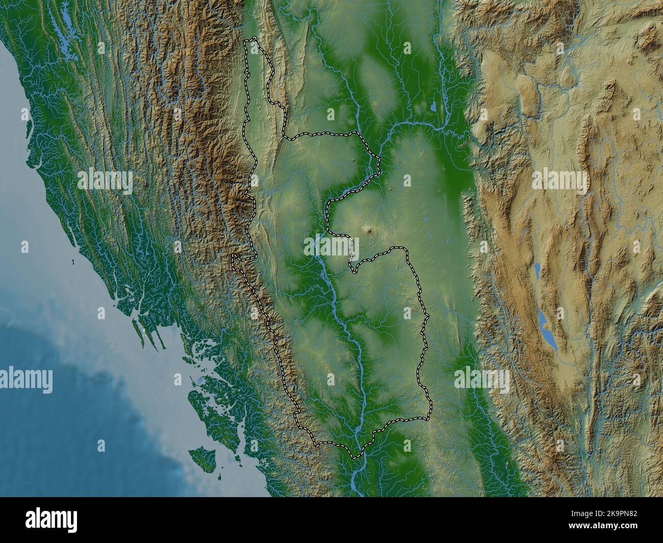 Magway, division of Myanmar. Colored elevation map with lakes and ...