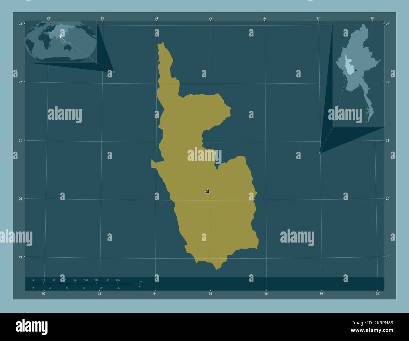 Magway, division of Myanmar. Solid color shape. Corner auxiliary ...