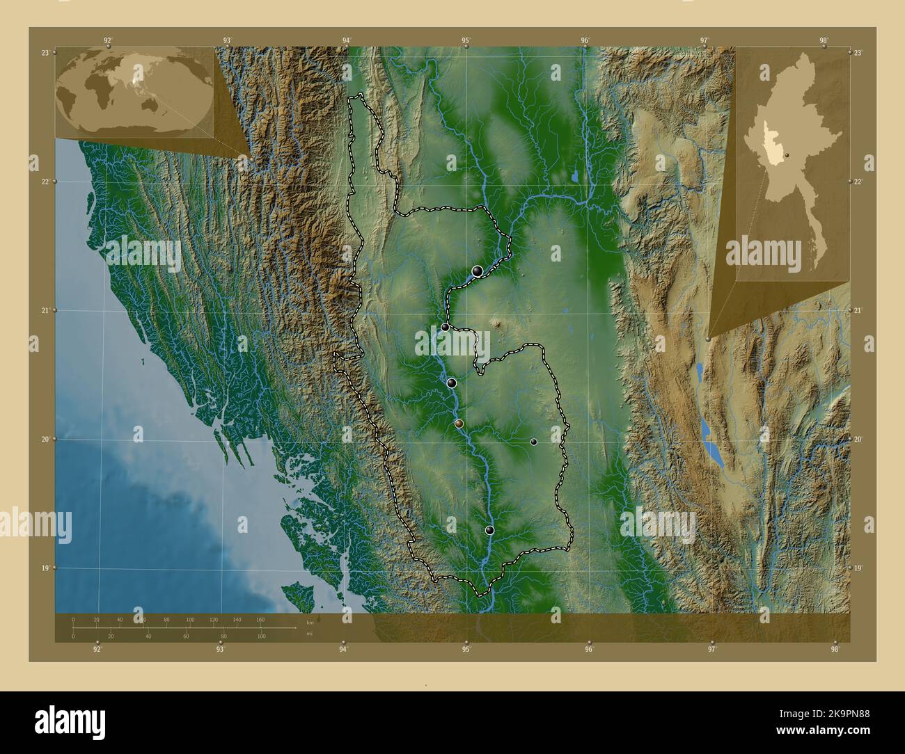 Magway, division of Myanmar. Colored elevation map with lakes and ...