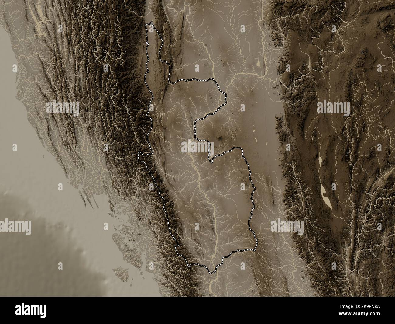 Magway, division of Myanmar. Elevation map colored in sepia tones with ...