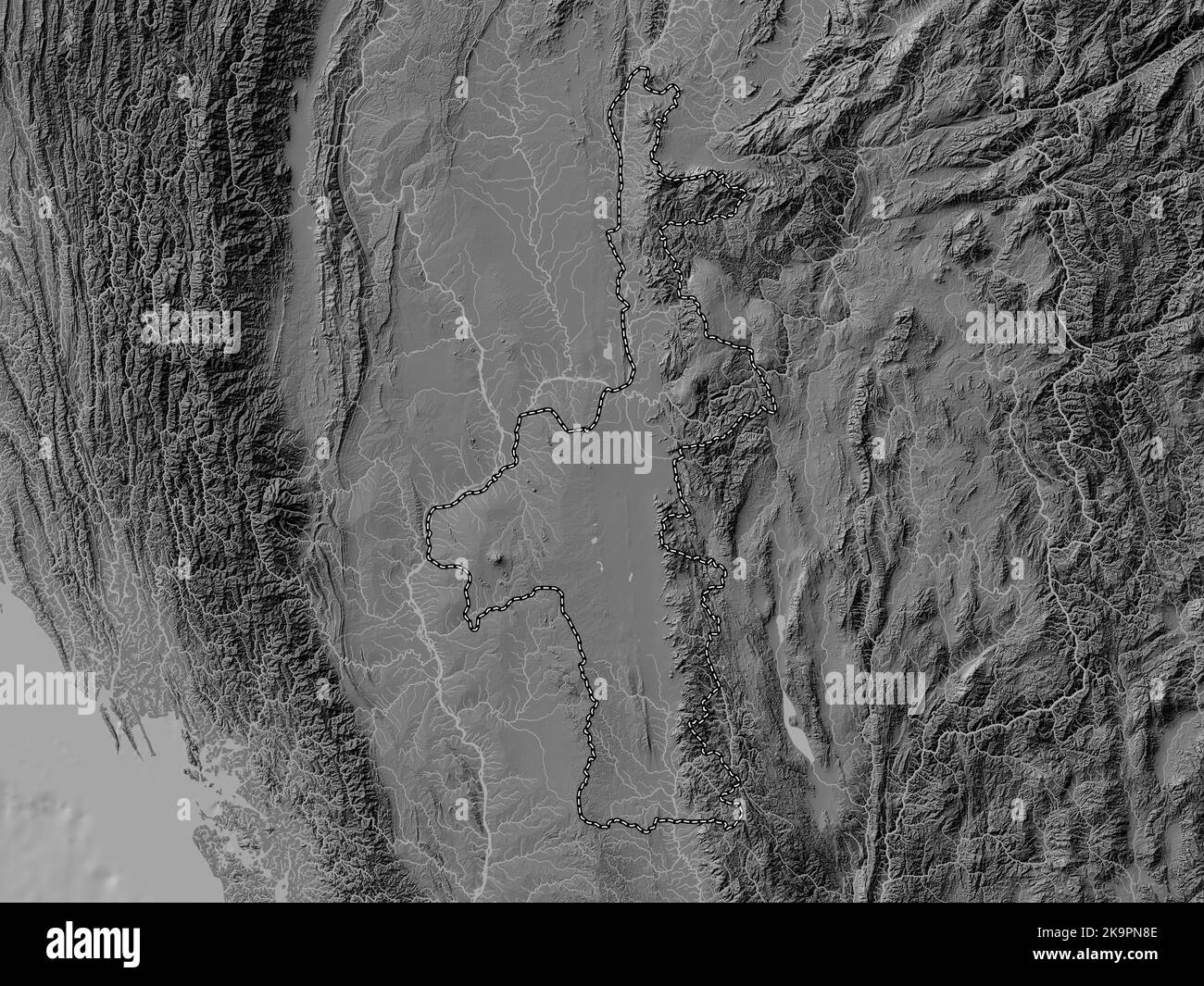 Mandalay, division of Myanmar. Bilevel elevation map with lakes and ...