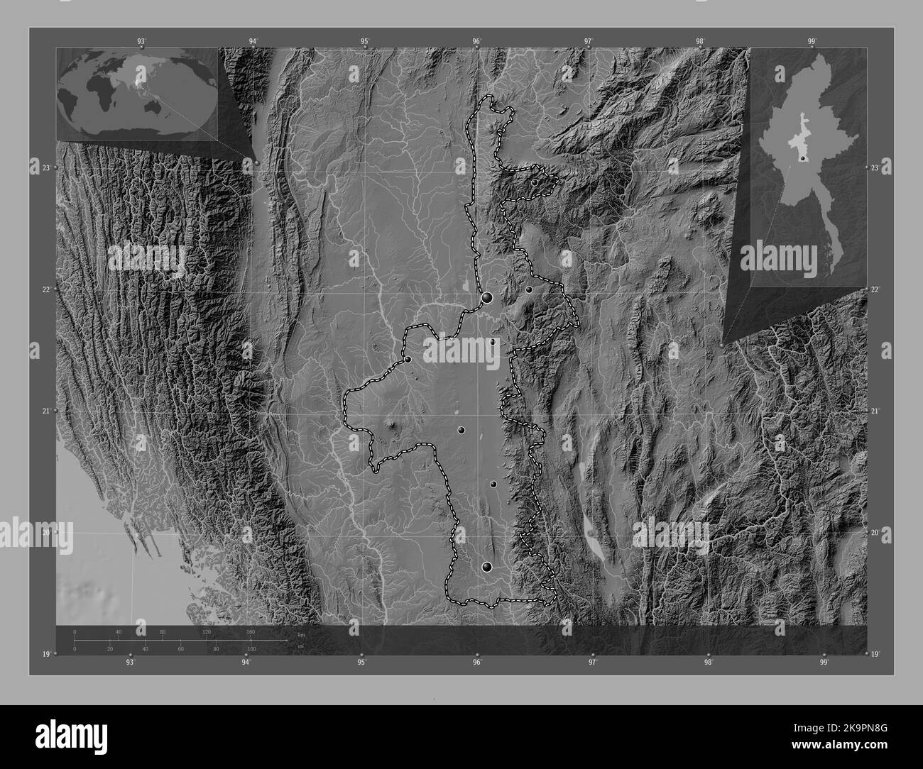 Mandalay, division of Myanmar. Bilevel elevation map with lakes and ...