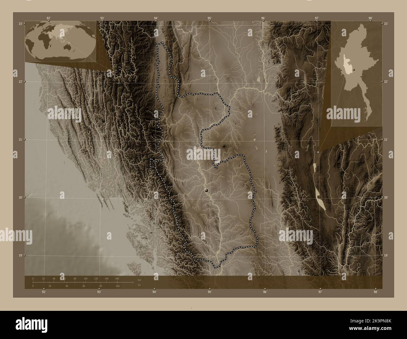Magway, division of Myanmar. Elevation map colored in sepia tones with ...