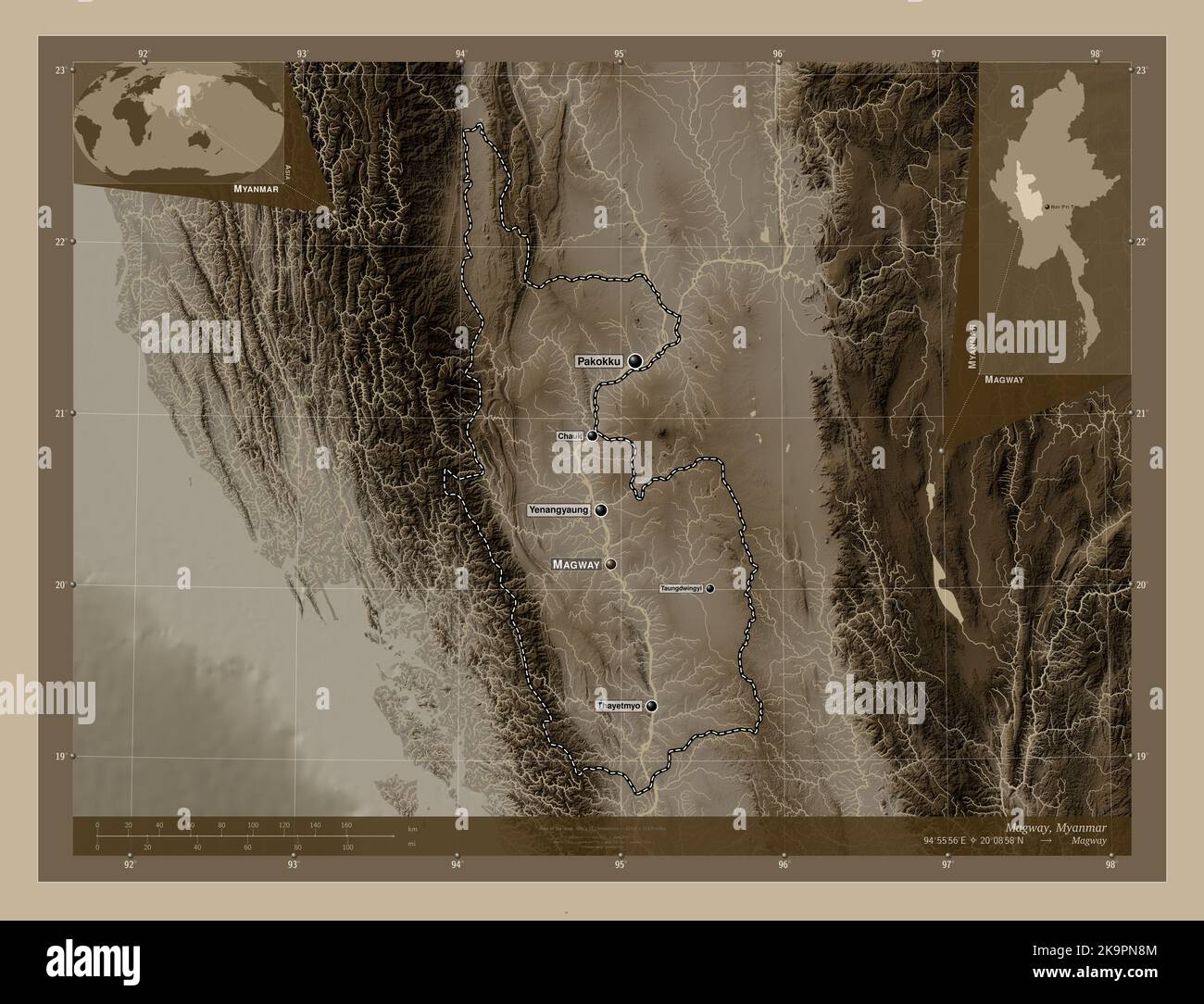 Magway, division of Myanmar. Elevation map colored in sepia tones with ...