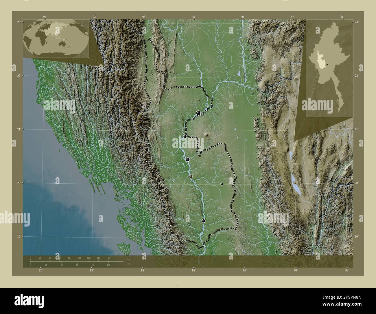 Magway, division of Myanmar. Elevation map colored in wiki style with ...