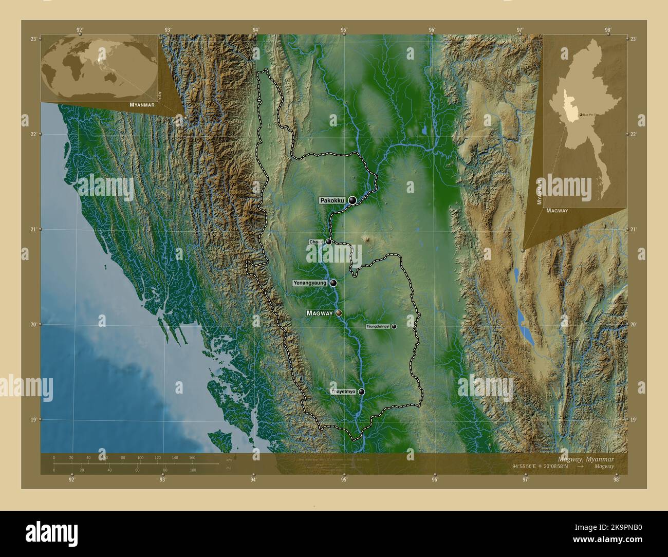 Magway, division of Myanmar. Colored elevation map with lakes and ...