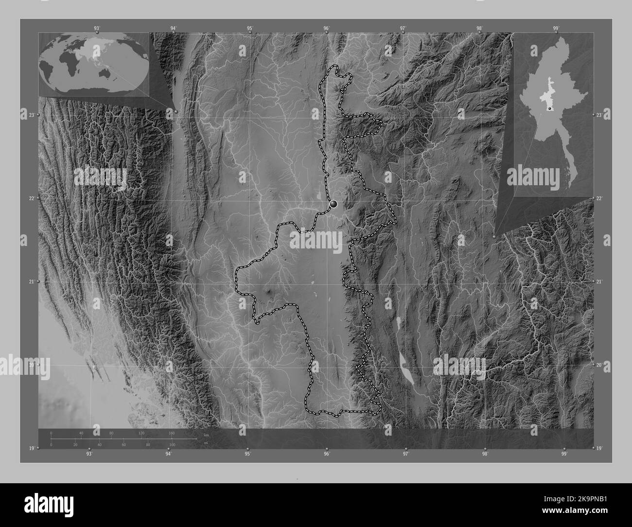 Mandalay, division of Myanmar. Grayscale elevation map with lakes and ...