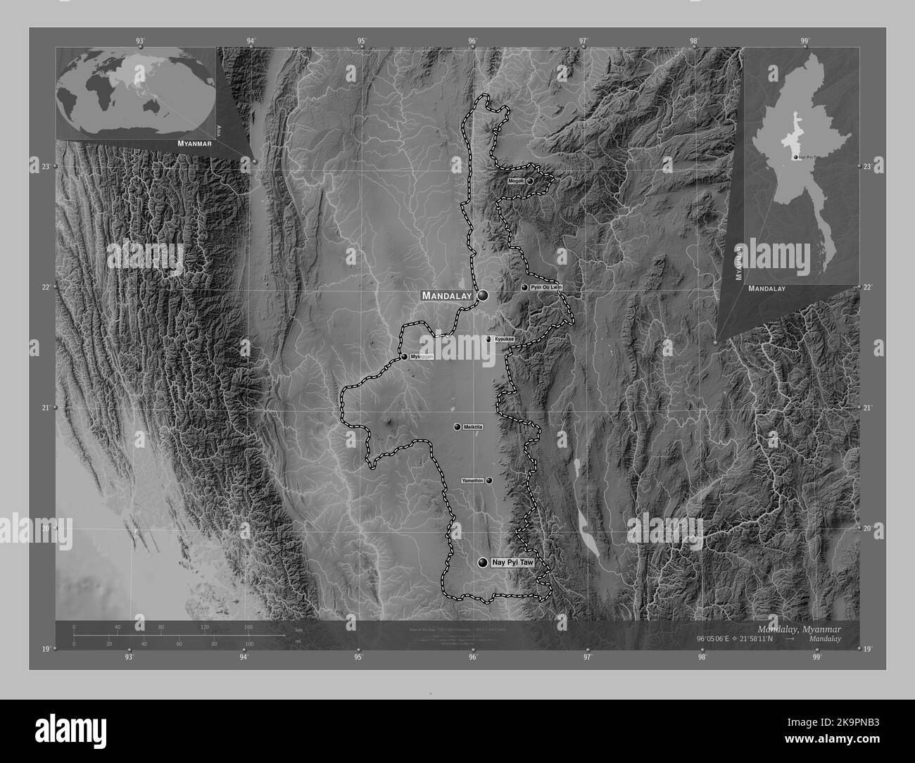 Mandalay, division of Myanmar. Grayscale elevation map with lakes and ...