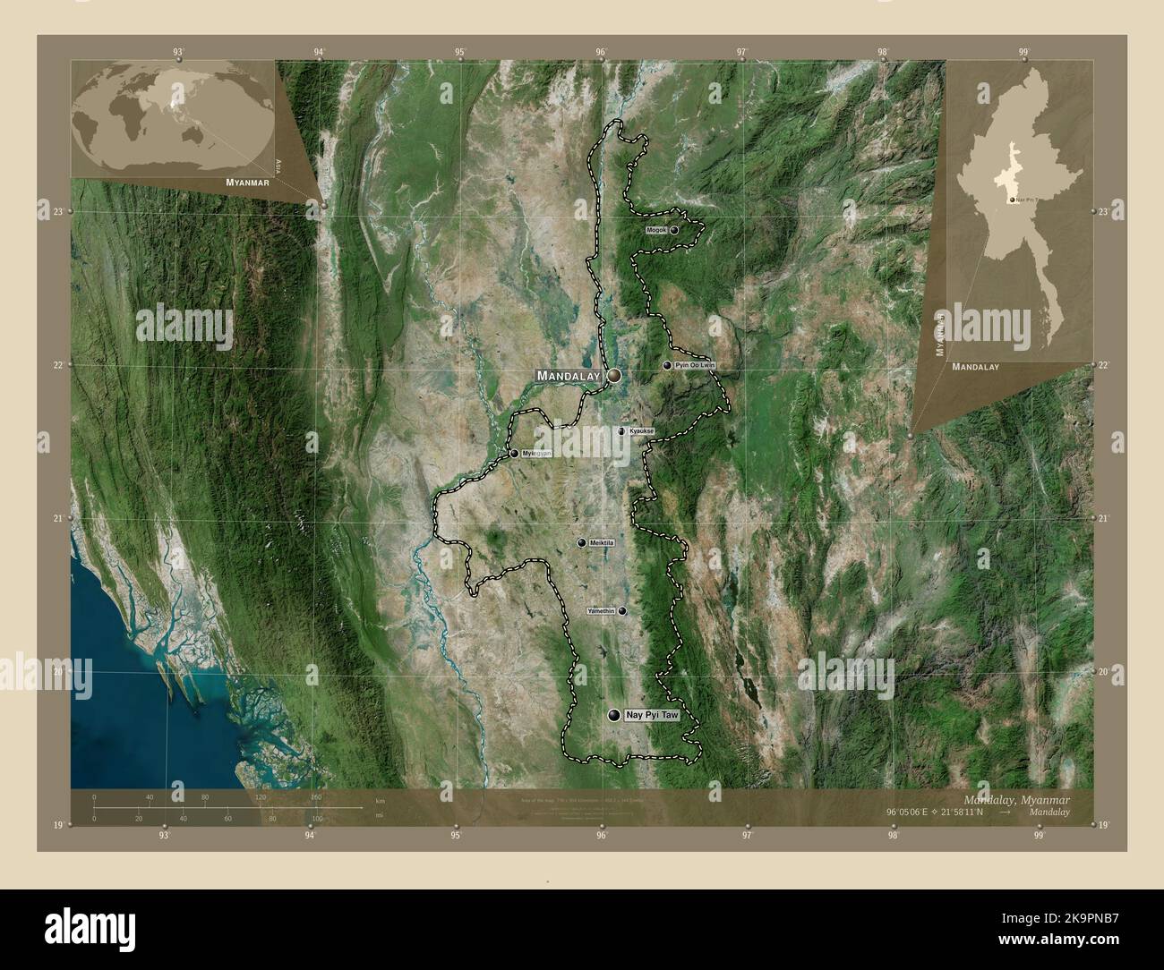 Mandalay, division of Myanmar. High resolution satellite map. Locations ...