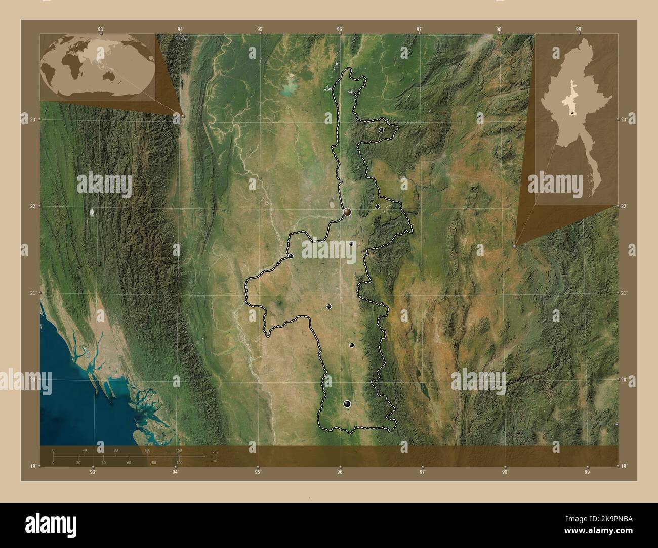 Mandalay, division of Myanmar. Low resolution satellite map. Locations ...