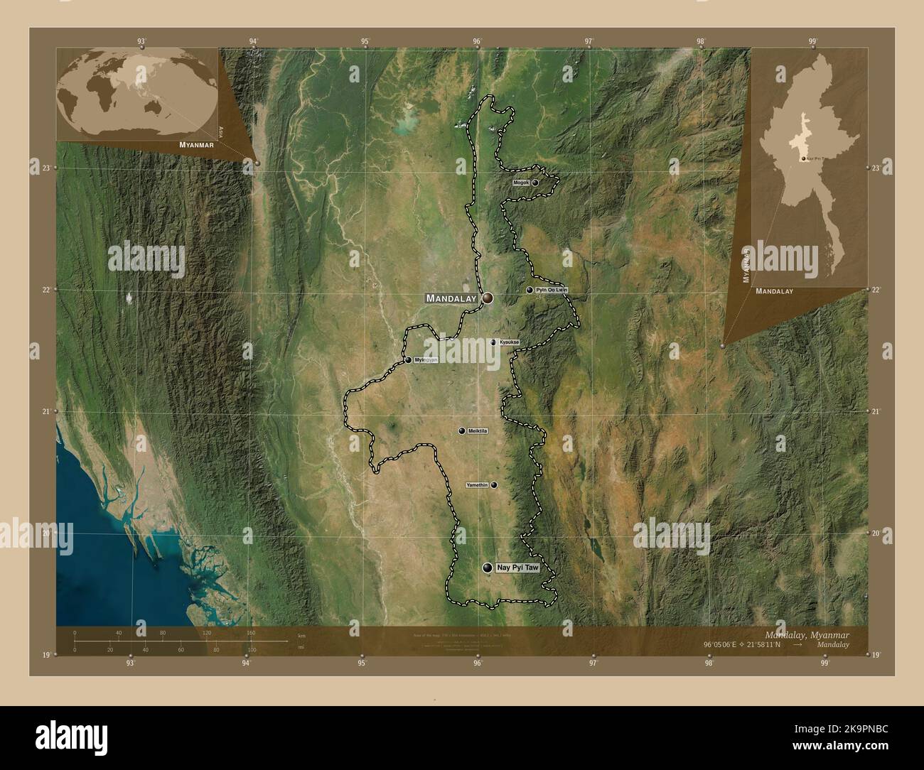 Mandalay, division of Myanmar. Low resolution satellite map. Locations ...