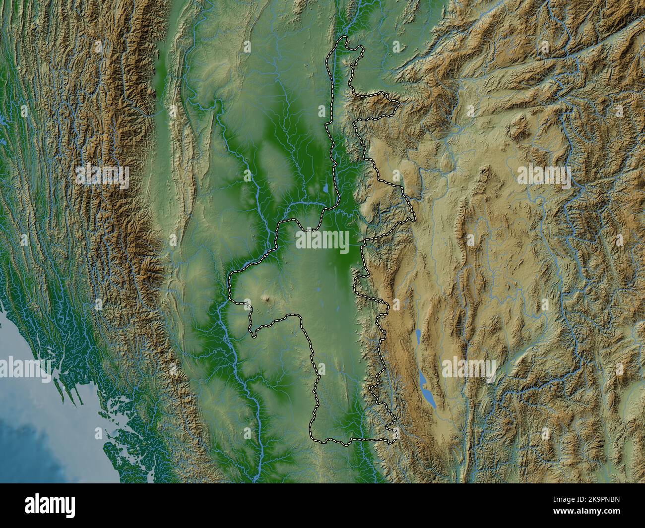 Mandalay, division of Myanmar. Colored elevation map with lakes and ...