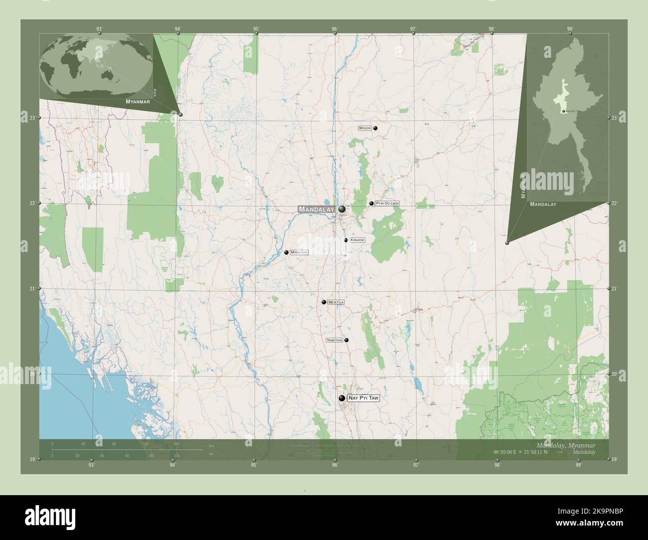 Mandalay, division of Myanmar. Open Street Map. Locations and names of ...