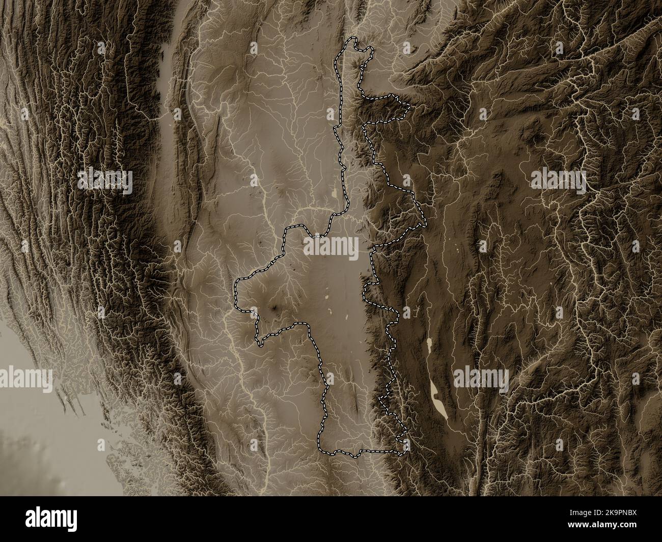 Mandalay, division of Myanmar. Elevation map colored in sepia tones ...