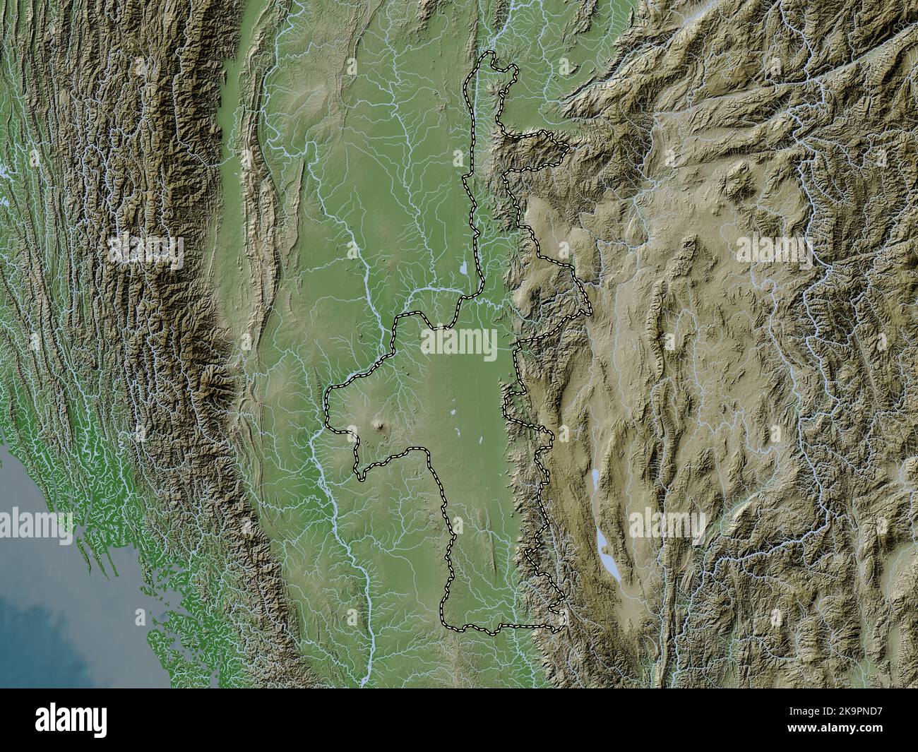 Mandalay, division of Myanmar. Elevation map colored in wiki style with ...