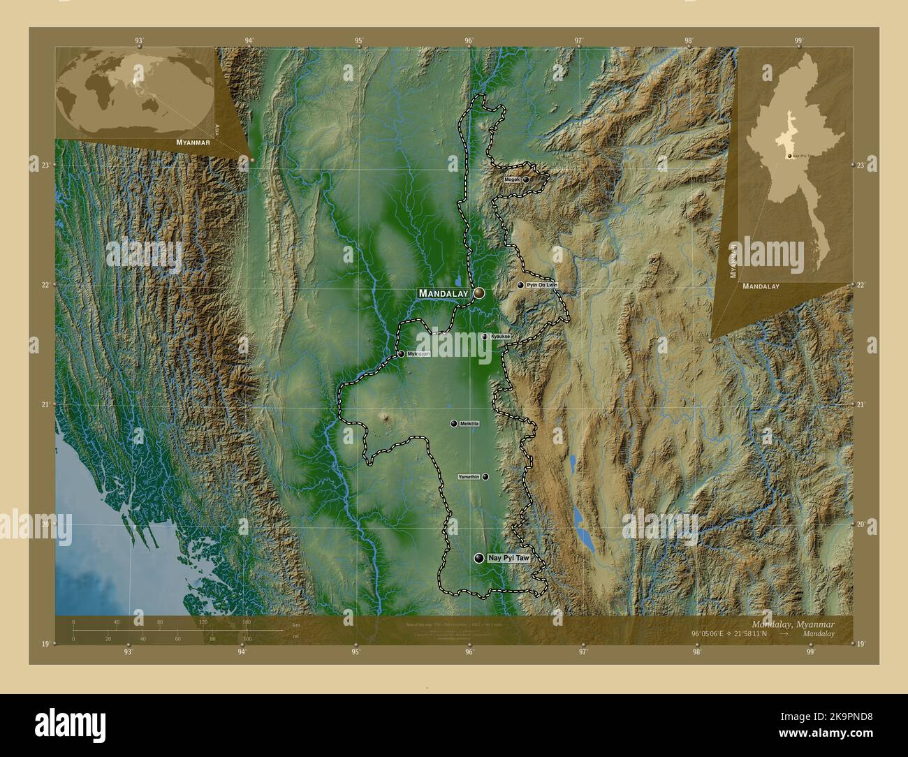 Mandalay, division of Myanmar. Colored elevation map with lakes and ...