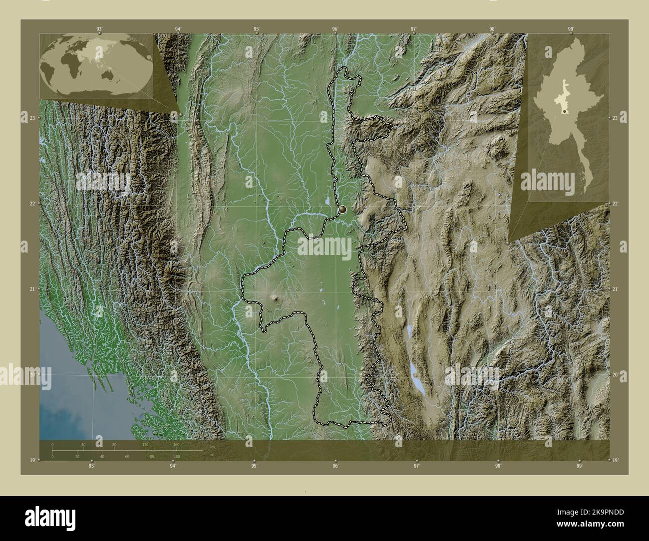 Mandalay, division of Myanmar. Elevation map colored in wiki style with ...