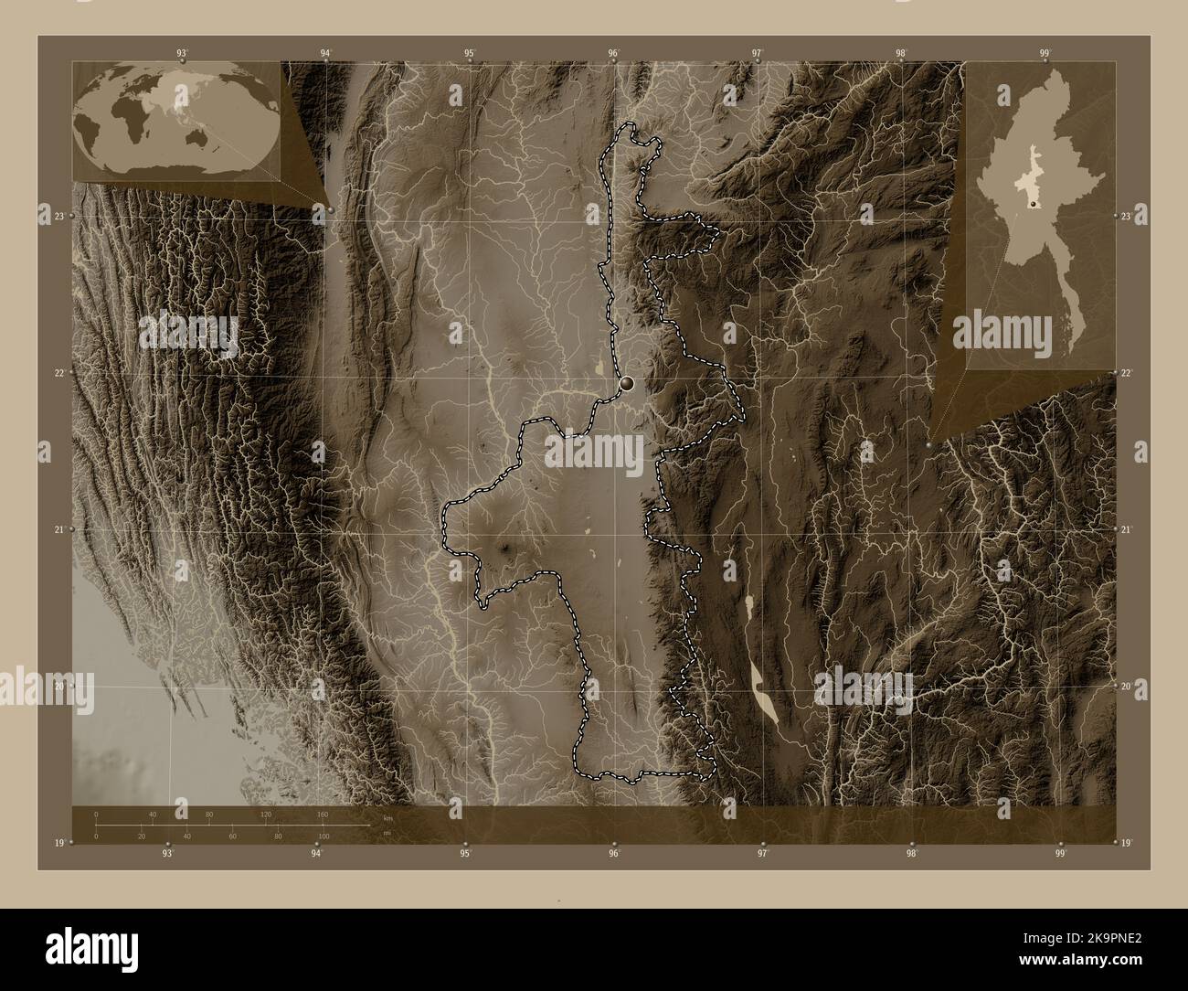 Mandalay, division of Myanmar. Elevation map colored in sepia tones ...