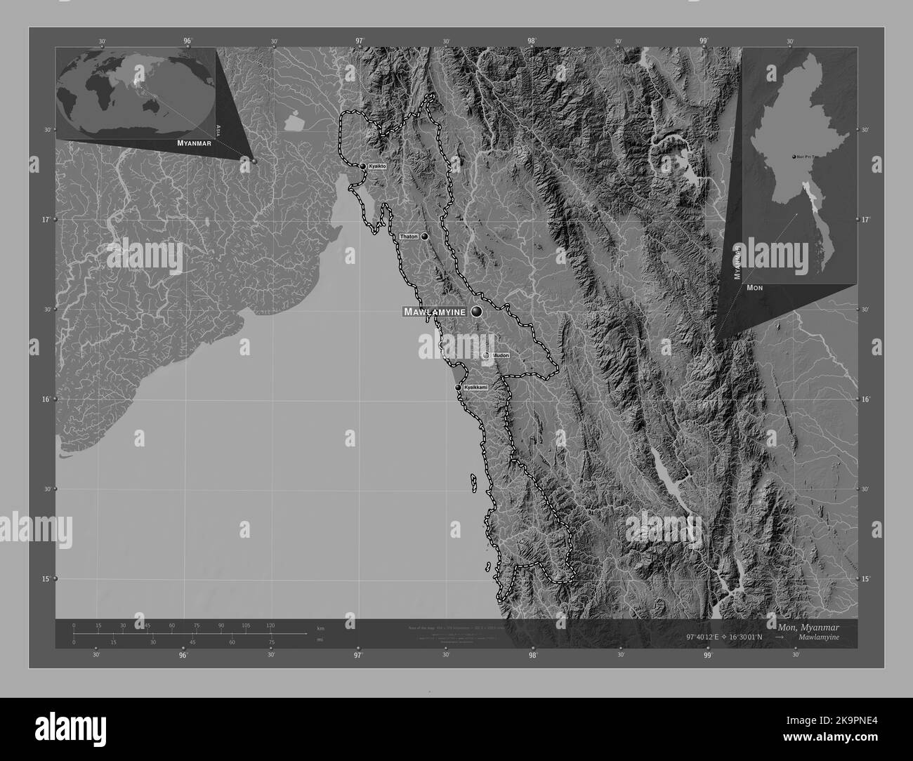 Mon, state of Myanmar. Bilevel elevation map with lakes and rivers ...