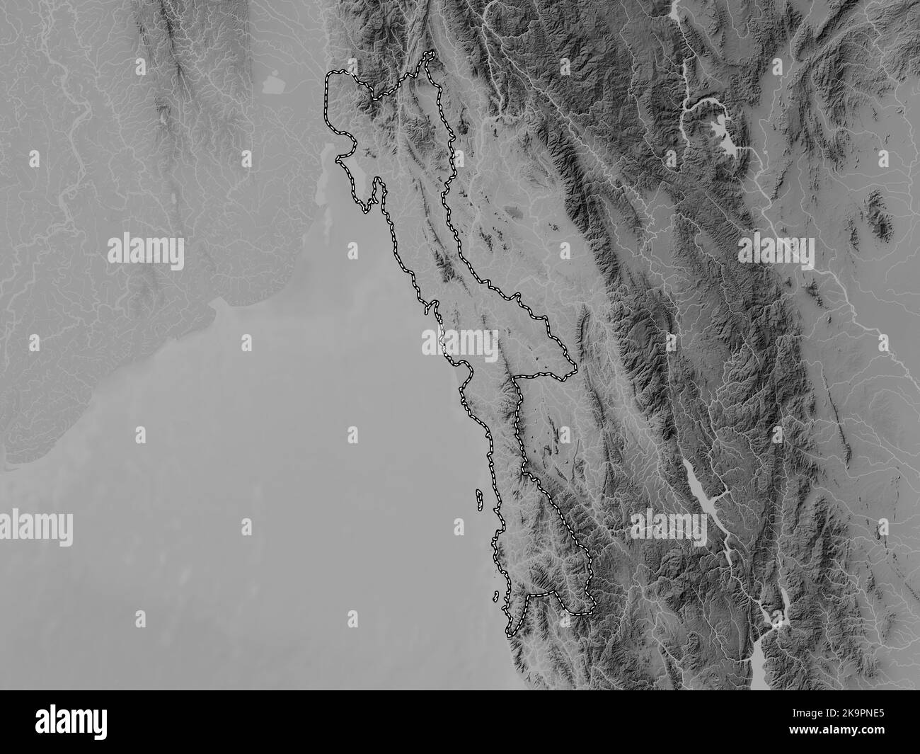 Mon, state of Myanmar. Grayscale elevation map with lakes and rivers ...