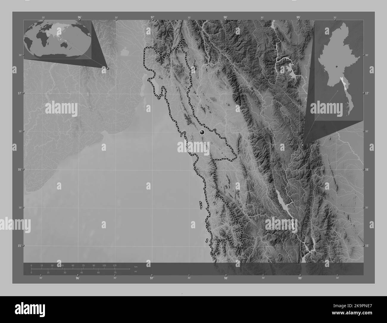 Mon, state of Myanmar. Grayscale elevation map with lakes and rivers ...