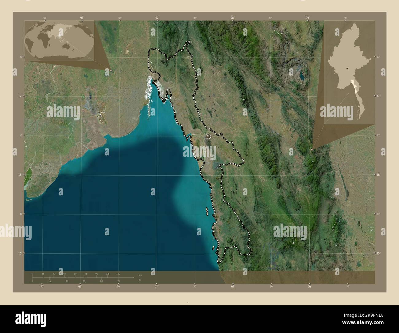 Mon, state of Myanmar. High resolution satellite map. Corner auxiliary ...
