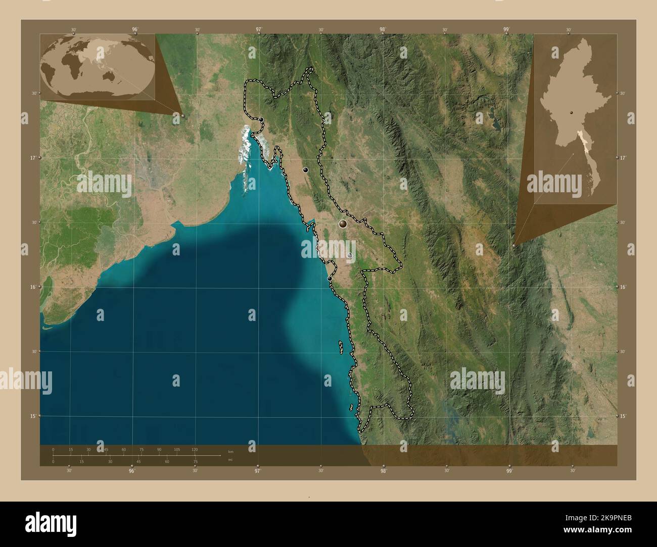 Mon, state of Myanmar. Low resolution satellite map. Locations of major ...