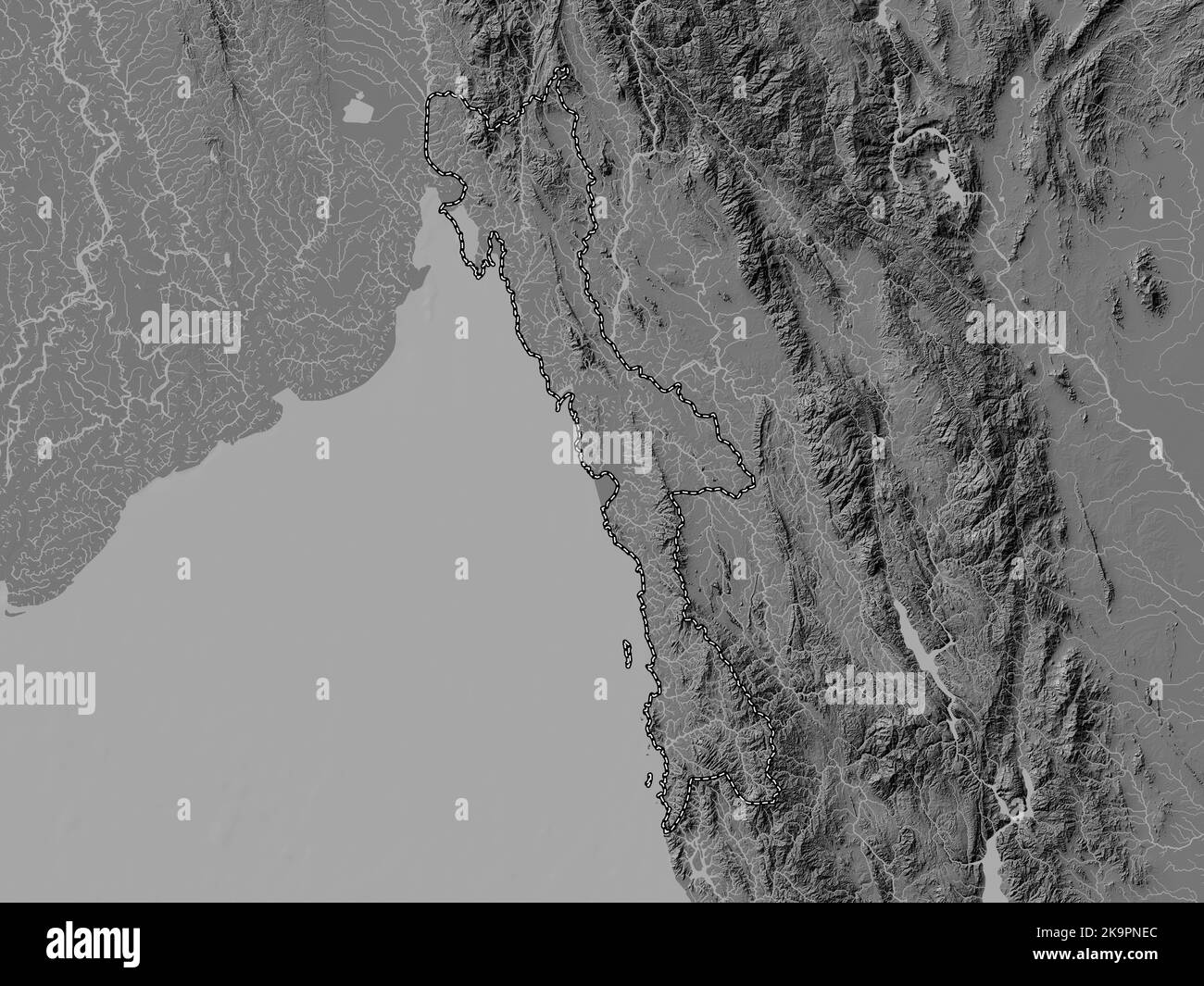 Mon, state of Myanmar. Bilevel elevation map with lakes and rivers ...