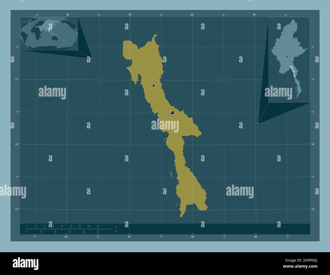 Mon, state of Myanmar. Solid color shape. Locations of major cities of ...
