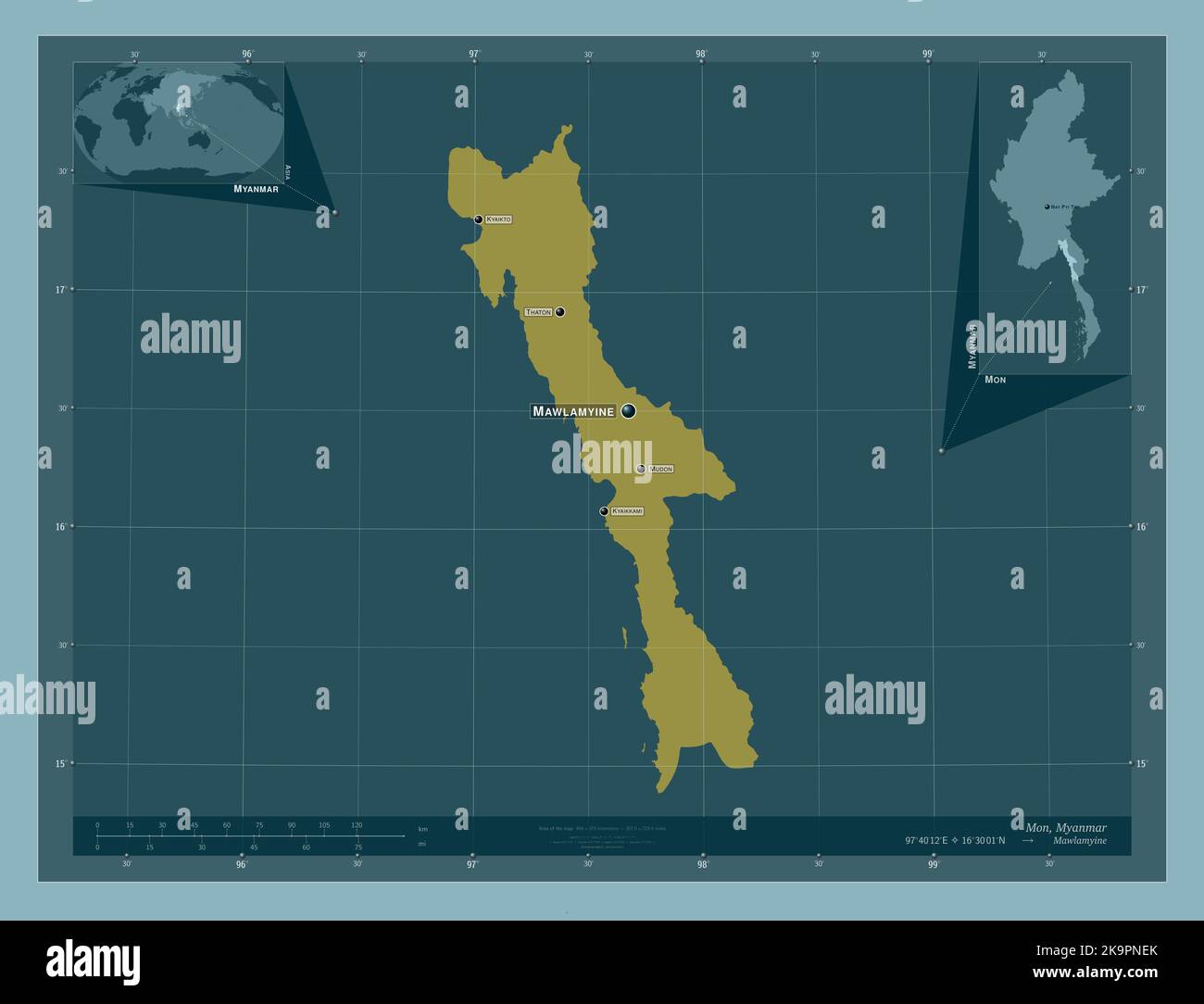 Mon, state of Myanmar. Solid color shape. Locations and names of major ...