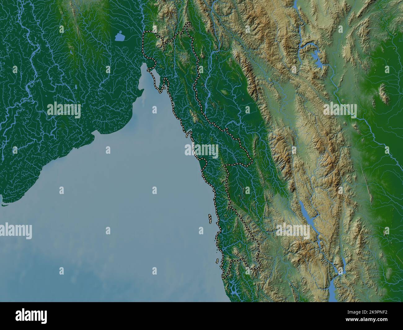 Mon, state of Myanmar. Colored elevation map with lakes and rivers ...