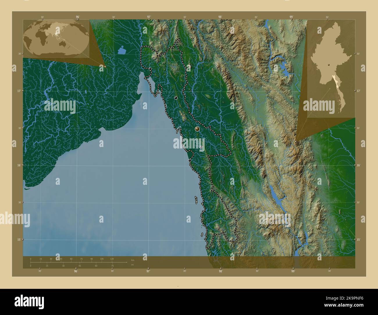 Mon, state of Myanmar. Colored elevation map with lakes and rivers ...