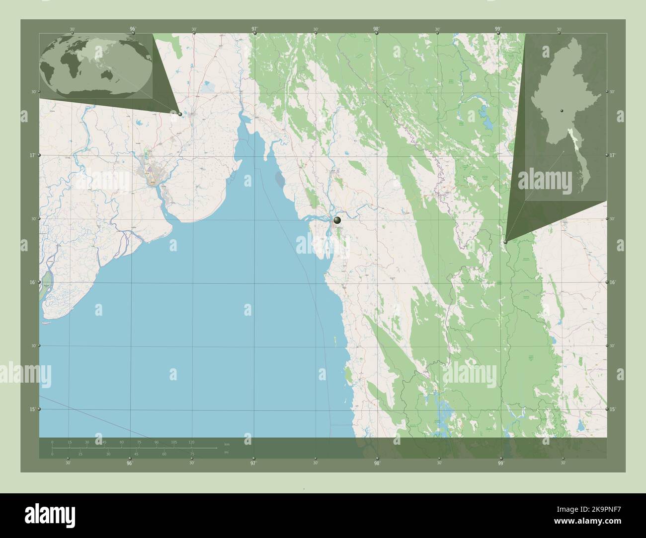Mon, state of Myanmar. Open Street Map. Corner auxiliary location maps ...