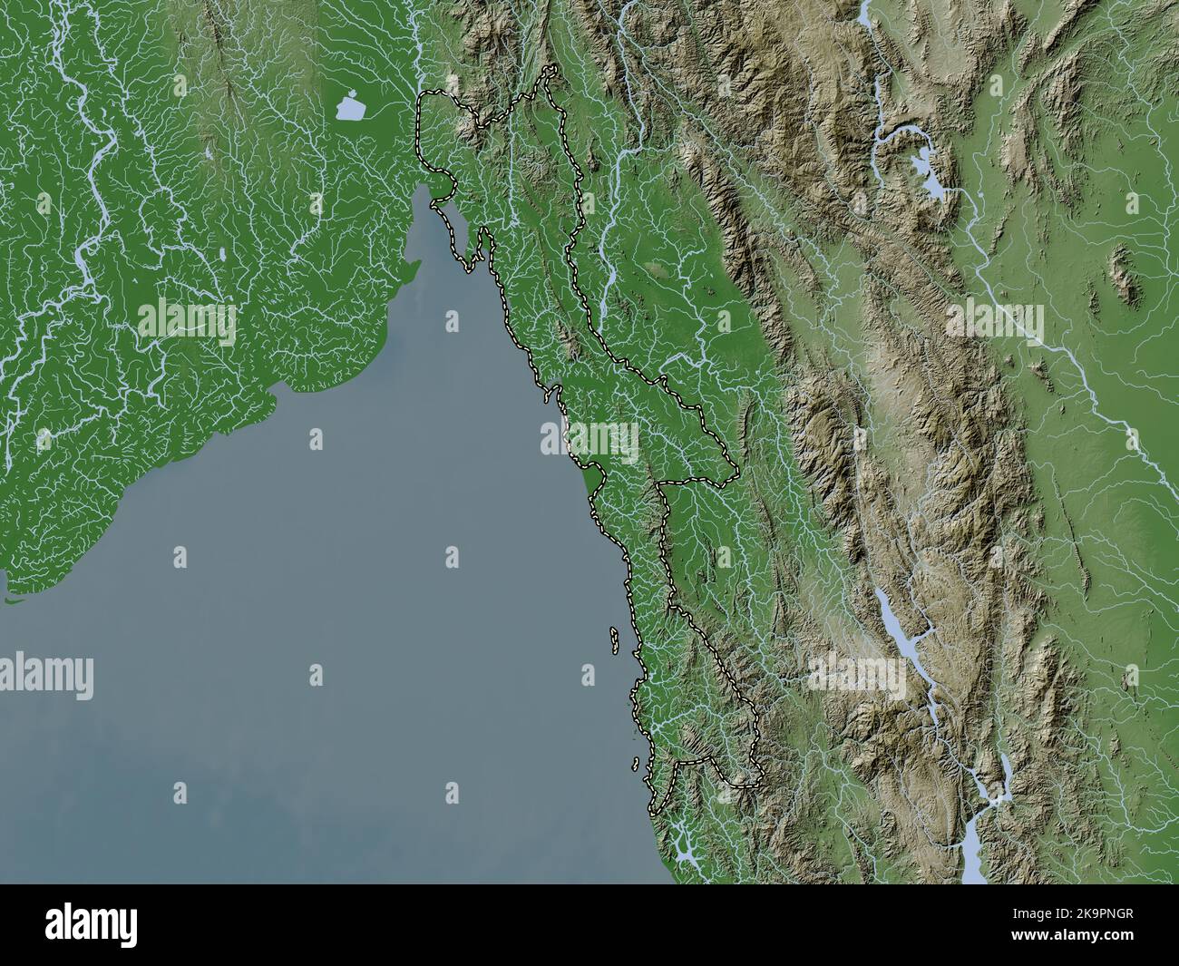 Mon, state of Myanmar. Elevation map colored in wiki style with lakes ...