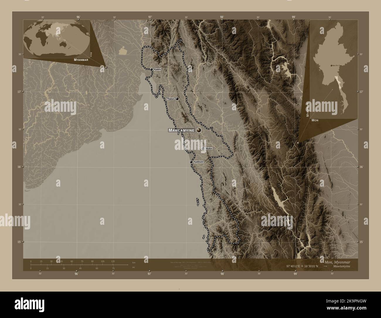 Mon, state of Myanmar. Elevation map colored in sepia tones with lakes ...