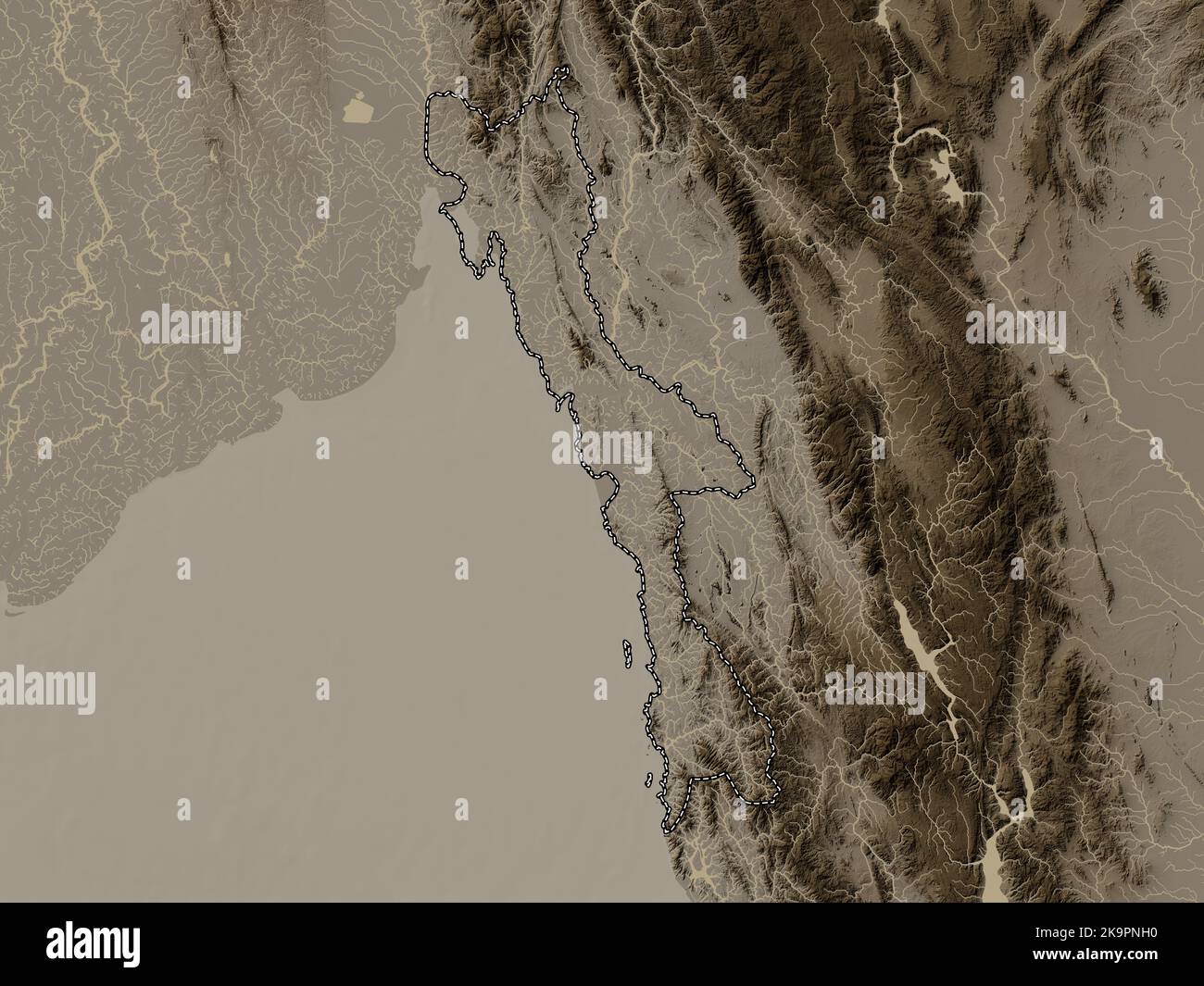 Mon, state of Myanmar. Elevation map colored in sepia tones with lakes ...