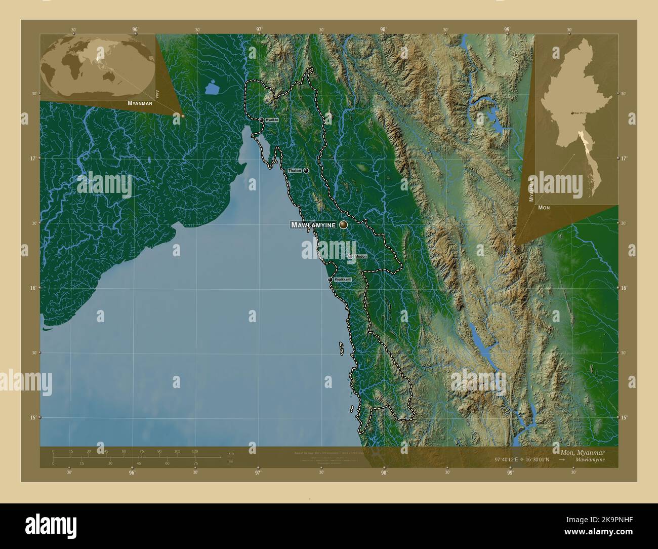 Mon, state of Myanmar. Colored elevation map with lakes and rivers ...
