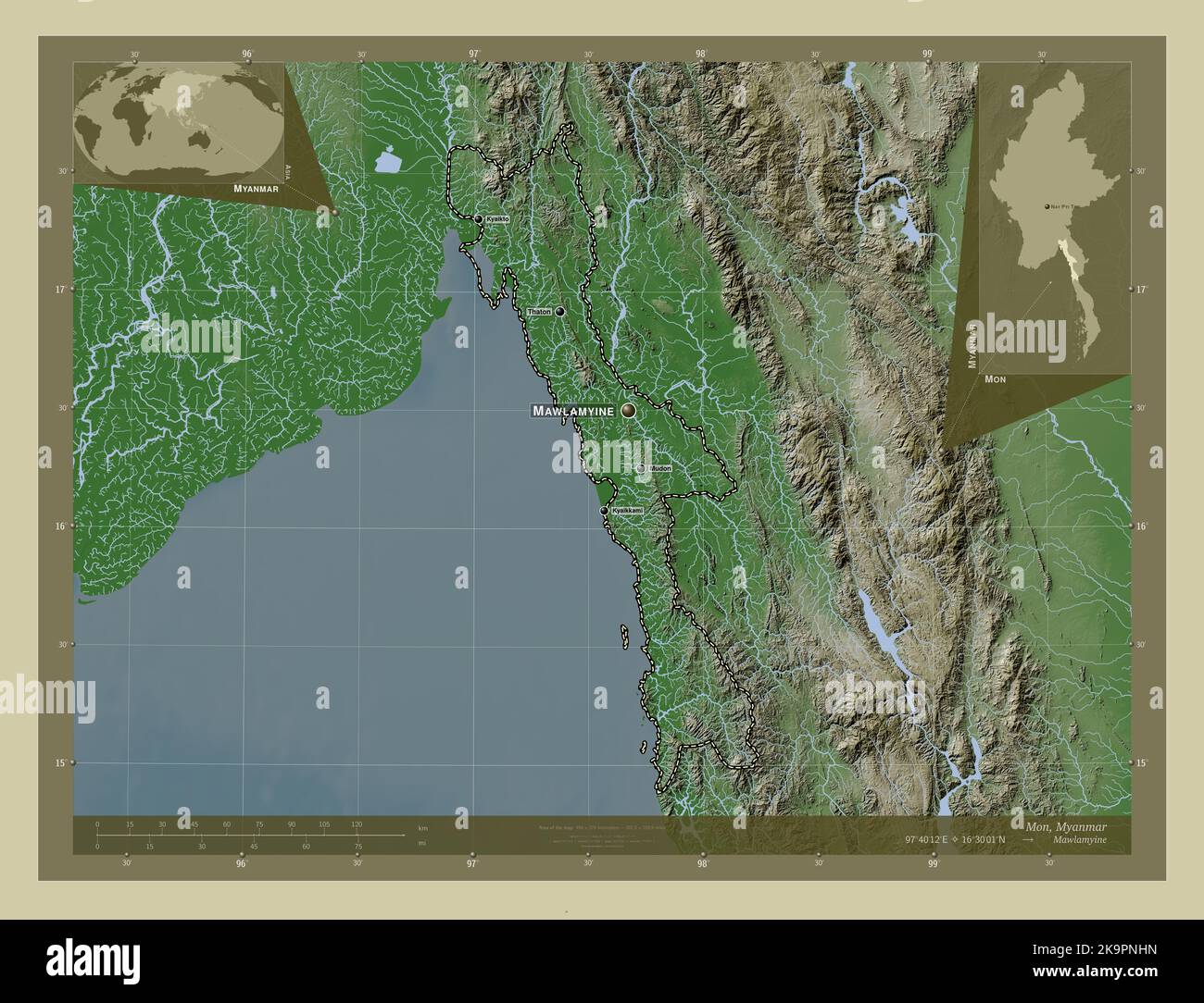 Mon, state of Myanmar. Elevation map colored in wiki style with lakes ...