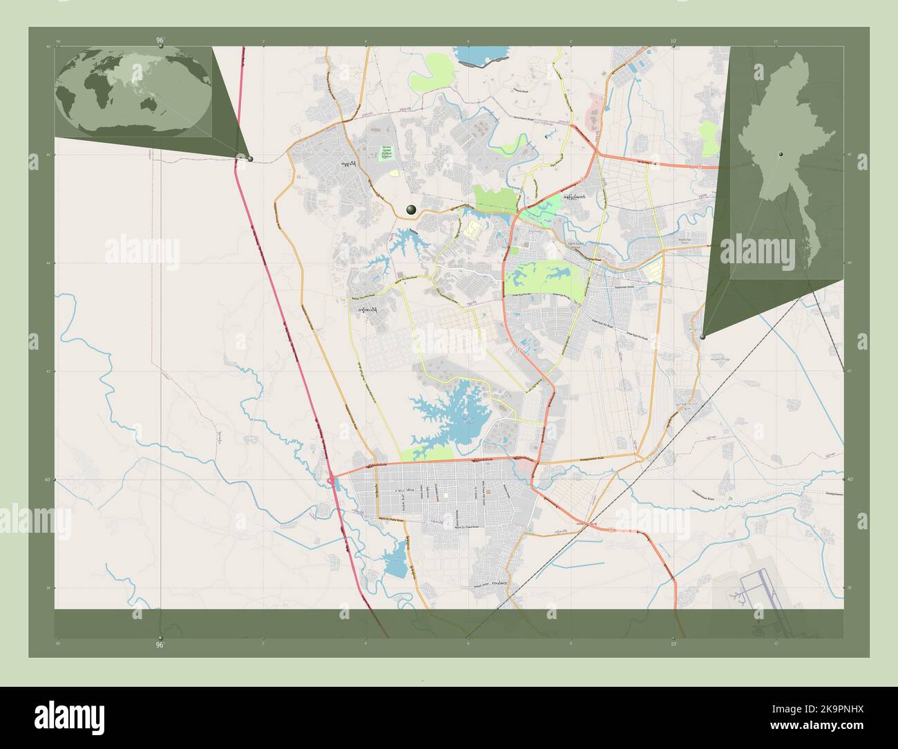Naypyitaw, union territory of Myanmar. Open Street Map. Locations of major cities of the region ...