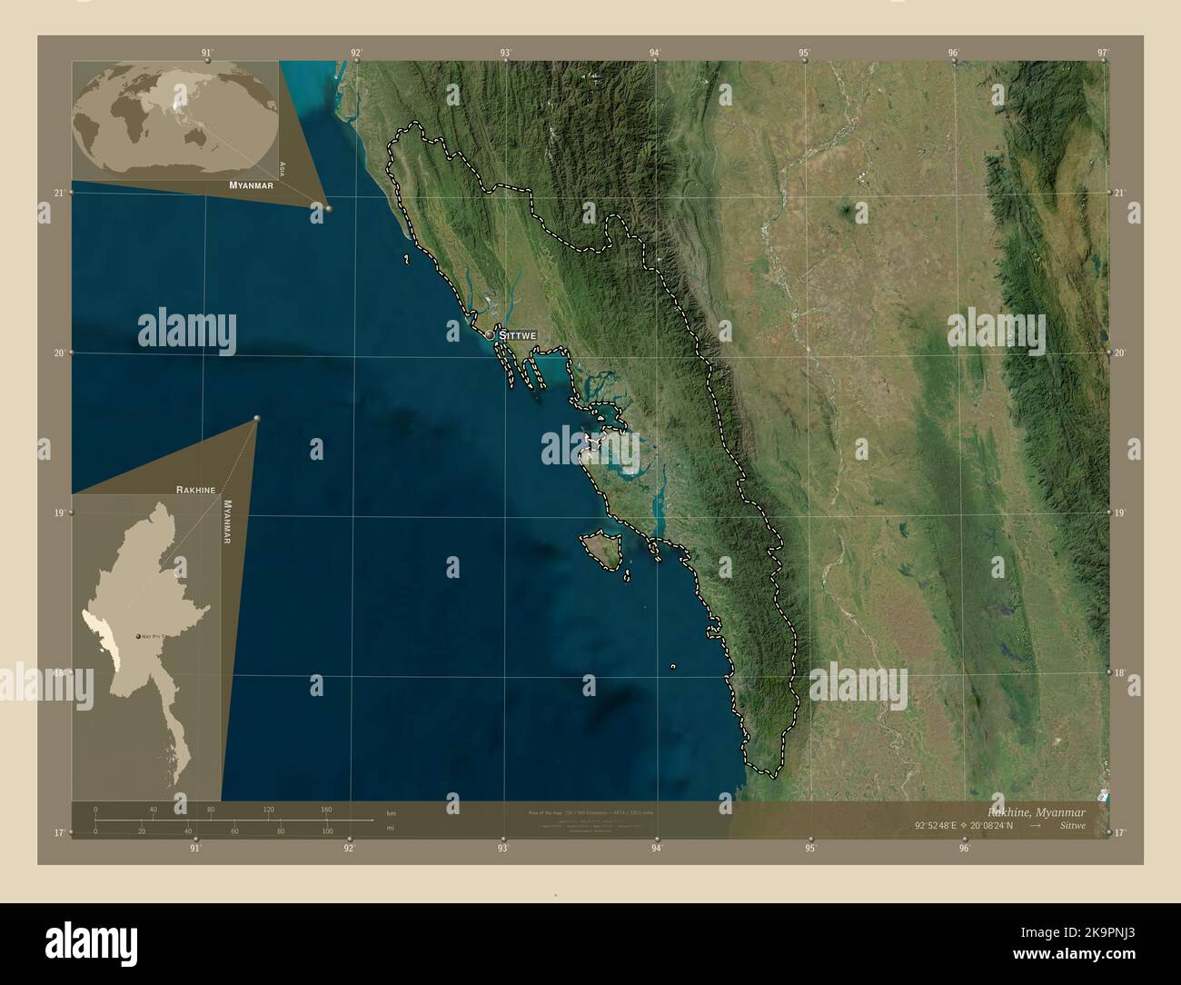 Rakhine, state of Myanmar. High resolution satellite map. Locations and names of major cities of ...