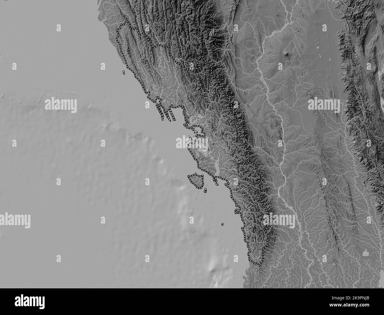 Rakhine, state of Myanmar. Bilevel elevation map with lakes and rivers ...