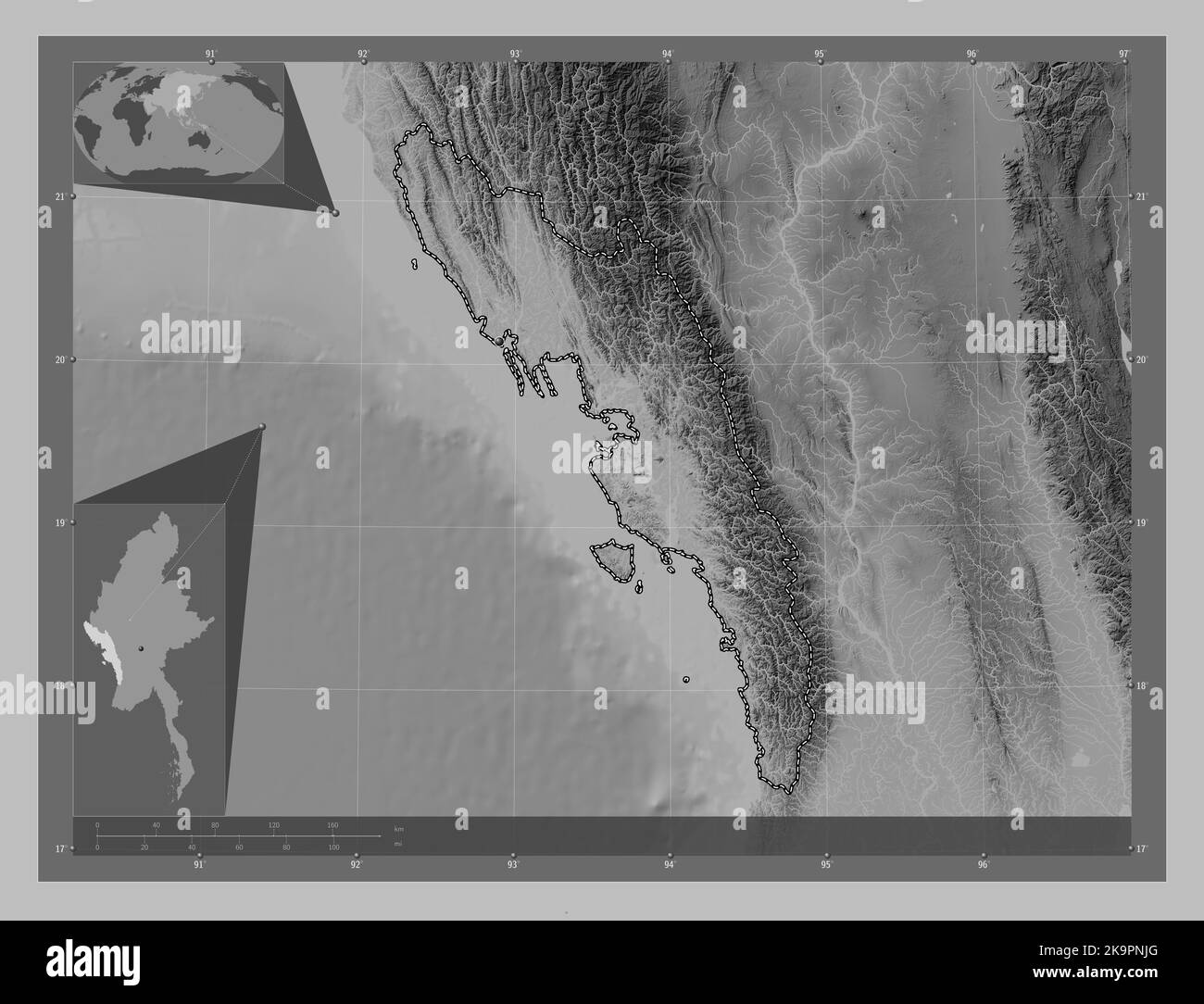 Rakhine, state of Myanmar. Grayscale elevation map with lakes and ...