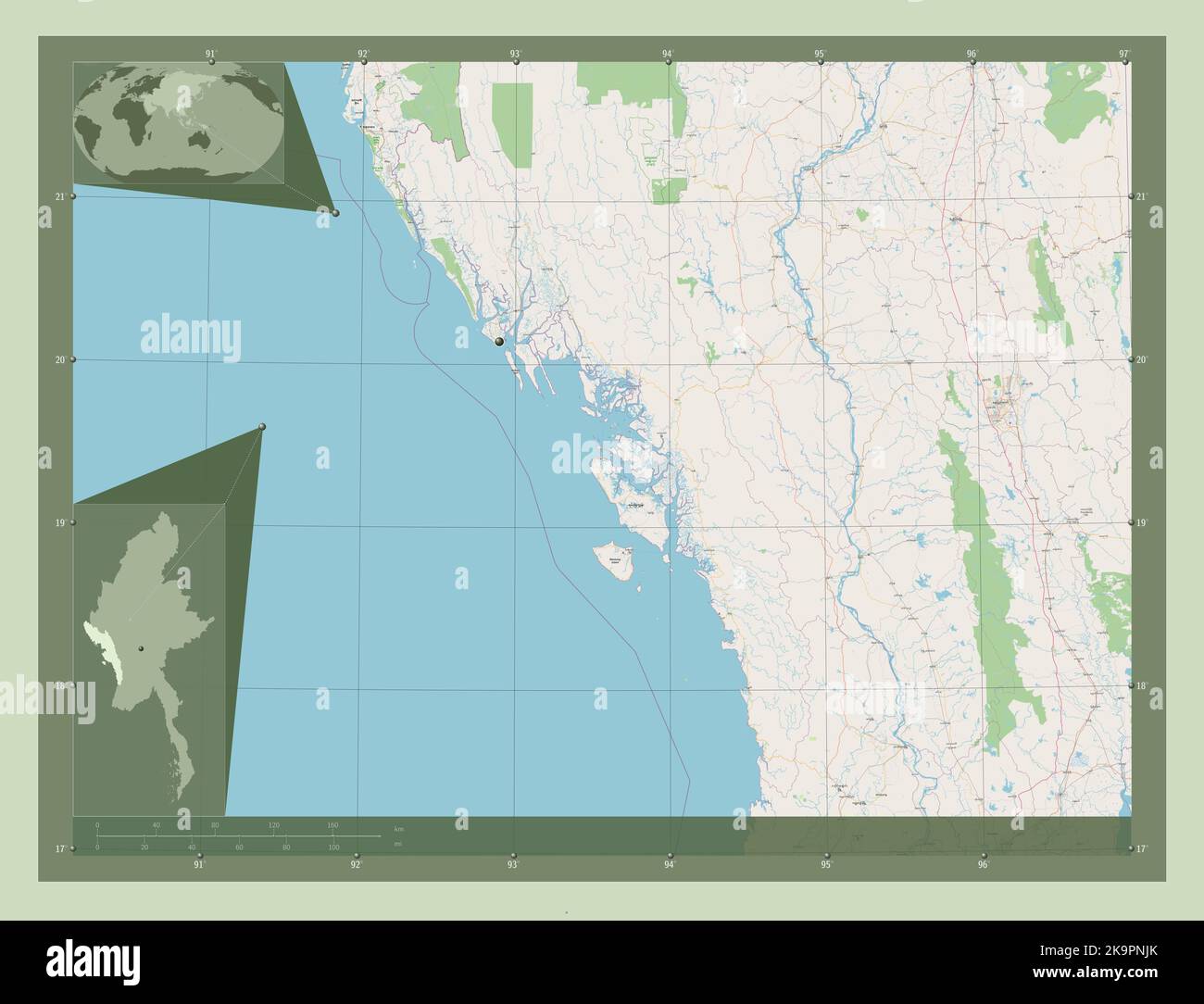 Rakhine, state of Myanmar. Open Street Map. Locations of major cities ...