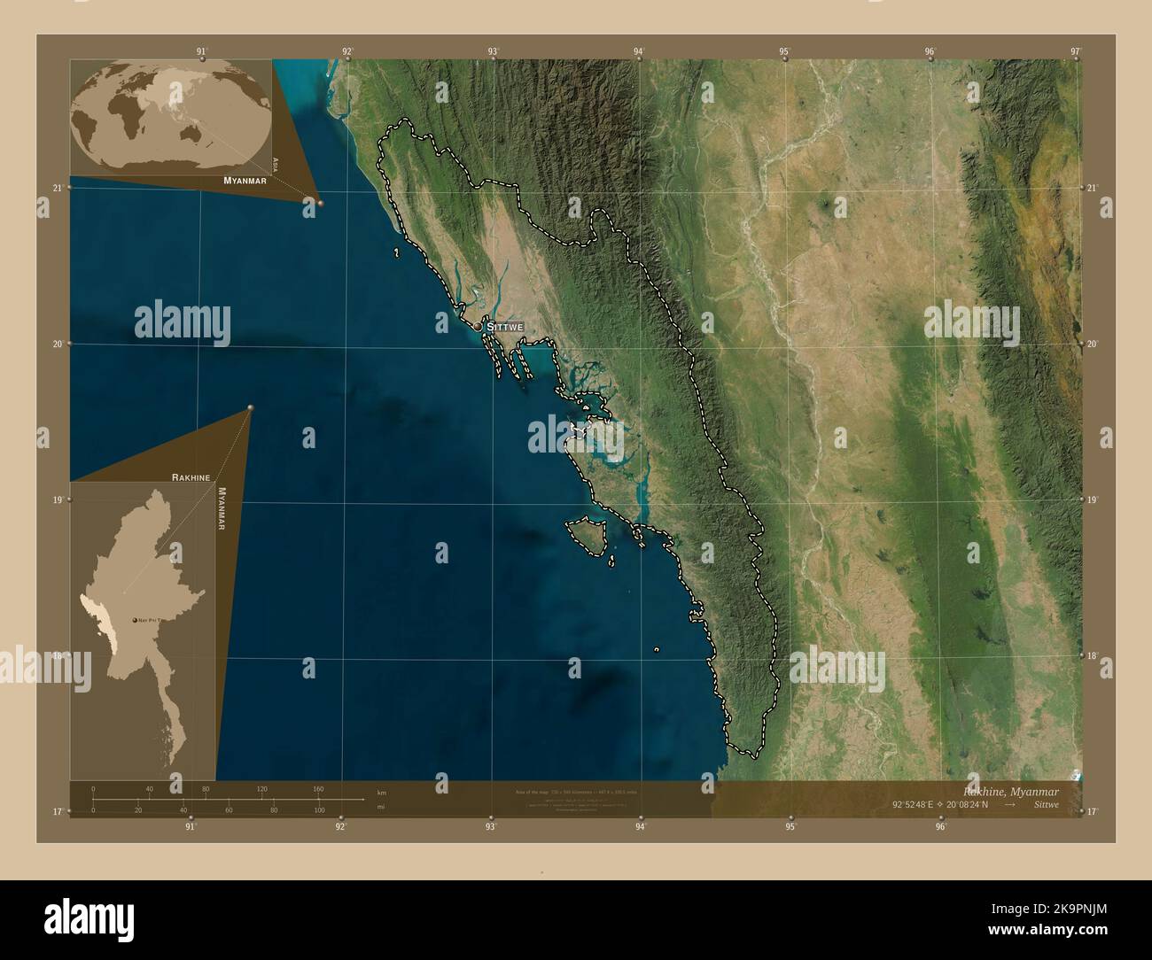 Rakhine, state of Myanmar. Low resolution satellite map. Locations and ...