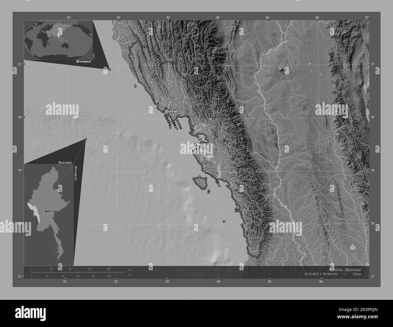 Rakhine, state of Myanmar. Bilevel elevation map with lakes and rivers ...