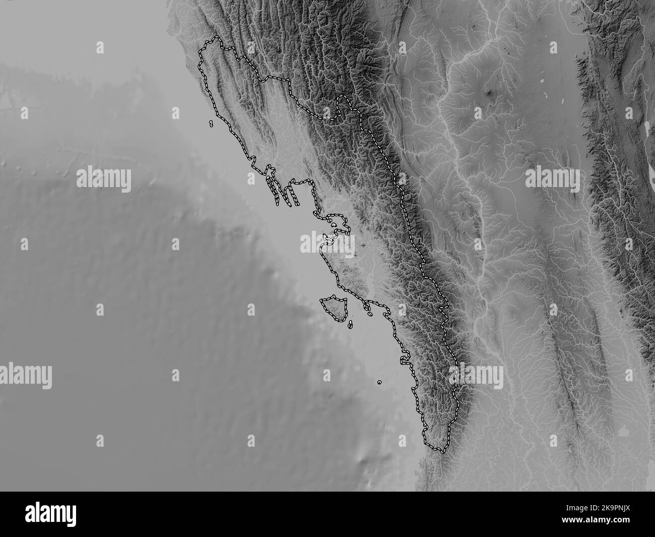 Rakhine, state of Myanmar. Grayscale elevation map with lakes and ...