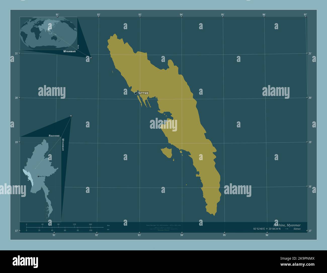 Rakhine, state of Myanmar. Solid color shape. Locations and names of ...